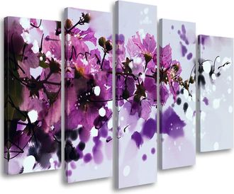 Feeby Leinwandbild 5-teilig 100x70 cm Kirschbl&uuml;te Blume Pflanze Bild Wanddeko Wand Bild Kunstdruck Deko Wohnzimmer Abstraktion Natur Aquarell Violett