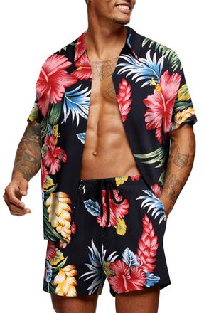 Coofandy Herren Hawaii Hemd Kurzarm Sommerhemd Blumen Hemd und Shorts Floral Set Strandhemd Urlaub XXL