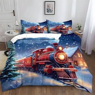 Generic Neige du Train &Agrave; Vapeur De No&euml;l Parure de Lit 140x200 cm Bleu Housse de Couette Imprim&eacute; Microfibre Confortable Ensemble de Literie avec Fermeture &Eacute;cla