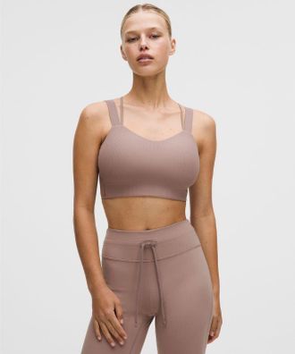 lululemon Like a Cloud Gerippter Longline-BH Leichter Halt D/DD-Cups f&uuml;r Frauen - Gr&ouml;&szlig;e 10 in Ashen Rose