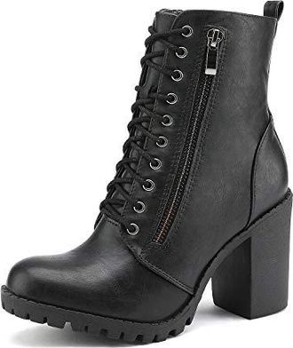 Dream Pairs Bottes pour Femme avec Fermeture Éclair Latérale, Bottines à Talon Modéré avec Lacet Ajustable,Size 40.5,Noir,SILVERADO