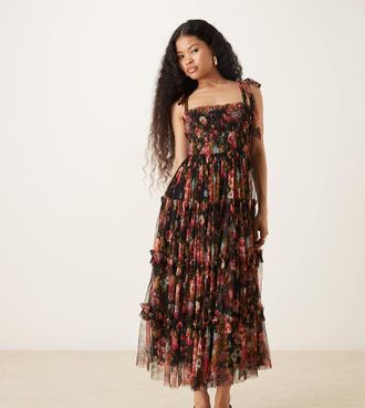 Lace & Beads Petite Robe mi-longue en tulle imprim&eacute; fleuri avec bretelles nou&eacute;es - Noir