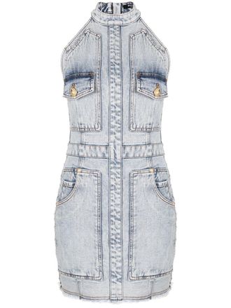 Balmain robe courte en jean &agrave; design &agrave; empi&egrave;cements - Bleu