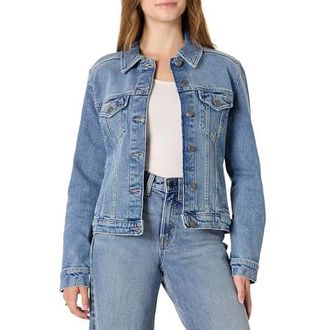 Amazon Essentials Veste de Camionneur en Jean Peu Extensible, Boutonn&eacute;e sur le Devant, Coupe Classique Femme, Authentique Moyen D&eacute;lav&eacute;, M