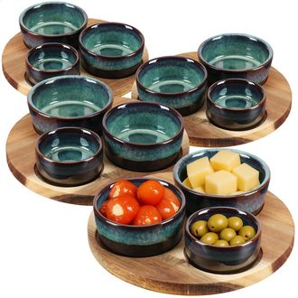 Com-Four 16-teiliges Servierset - Sch&uuml;sselset mit Holzbrett zum Servieren von Tapas, Mezze oder Antipasti - Sch&auml;lchen in 3 Gr&ouml;&szlig;en mit Serviertablett aus Akazie