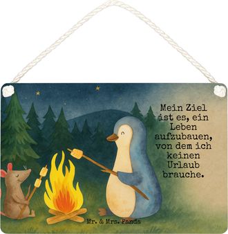 Mr. & Mrs. Panda Türschild Pinguin Lagerfeuer Design DIN A6 - Geschenk, Schild, Holzschild, Küchenschild, Job, Marshmallows, Feuer, Maus, holzbild, mit Spruch