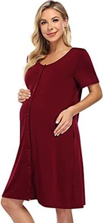 KOJOOIN Chemise de Nuit Femme Naissance Allaitement Coton Robe dallaitement Manches Courtes Robe de Nuit avec Patte de Boutonnage sur Toute la Longueur,vin Ro