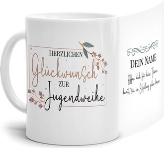 Tassendruck Personalisierte Jugendweihe-Tasse mit Spruch und Name - Öffne Dich für Träume - Jugendweihe Geschenk mit Name personalisiert, Namenstassen | 300 ml, W