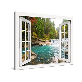 Picanova Photo sur Toile For&ecirc;t Rivi&egrave;re Ch&ucirc;te dEau Fen&ecirc;tre 80x60cm - Impression sur Toile Haut de Gamme - Image sur Toile pour D&eacute;coration Murale Moderne - La Co