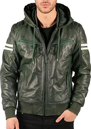 TruClothing Veste pour Homme en Cuir véritable avec Capuche Style Bomber USA Rayures - Vert 4XL