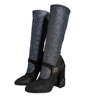 Dolce & Gabbana Womens Black Crystal Mary Janes Booties Shoes And Gray Nylon Spandex (stretch)