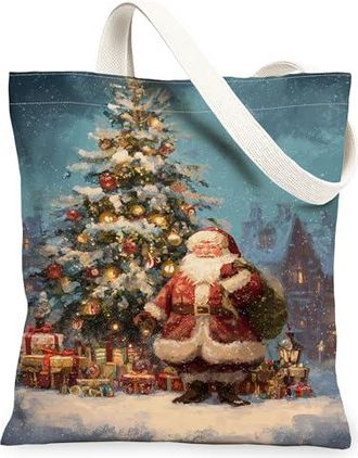 Generic Sacs fourre-tout vintage en toile P&egrave;re No&euml;l, motif arbre de No&euml;l, sacs d&eacute;picerie r&eacute;utilisables, l&eacute;gers et lavables avec bandouli&egrave;re Ca, Multicolore, 1