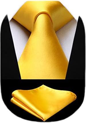 Hisdern Cravate Homme Jaune Cravate et Mouchoir de poche Set - Travail Fête Mariage Cravates Soie avec Boîte Couleur Unie Cadeau pour hommes Saint Valentin,Ja