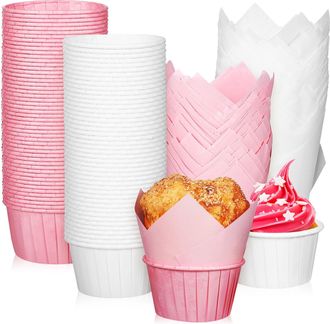 Artibetter 200 Stück Tulpen-Cupcake-Förmchen Cupcake-Förmchen Muffin-Förmchen Cupcake-Förmchen Backförmchen Für Hochzeiten Geburtstage Duschen Weiß Und Rosa