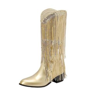 Generic Bottes hautes au genou pour femme avec franges de mollet larges et longues bottines &eacute;l&eacute;gantes &agrave; bout pointu de couleur unie &agrave; talon &eacute;pais &eacute;l&eacute;gantes et