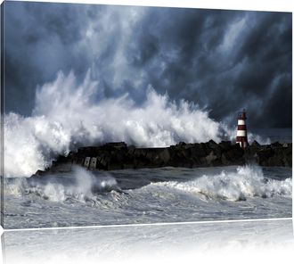 Pixxprint Tobendes Meer mit Leuchtturm, Größe: 120x80cm, Leinwandbild, fertig gespannt, Wandbild, Dekoration, Kunstdruck, kein Poster