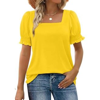 Generic T-shirt d&eacute;contract&eacute; &agrave; col carr&eacute; et manches smock&eacute;es pour femme, haut habill&eacute; et d&eacute;contract&eacute; &agrave; manches volant&eacute;es, jaune, XXL