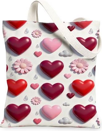 Generic Sacs fourre-tout en toile florale pour la Saint-Valentin, motif coeur, sacs d&eacute;picerie r&eacute;utilisables, l&eacute;gers et lavables en toile avec bandouli&egrave;re, Rou
