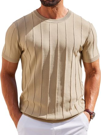 Coofandy Herren T-Shirt Kurzarm Strick Shirt mit Rundhals Shirt Casual Pullover Gestreiftes Strickshirt Sommer Oberteile Khaki M