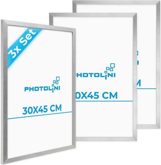 Photolini Bilderrahmen 30x45 Silber MDF-Holz, 3er Set Poster-Rahmen, bruchsicheres Acrylglas, zum Aufh&auml;ngen, extra Zubeh&ouml;r - f&uuml;r Fotos & Poster