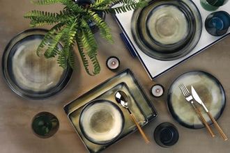 Hermia Elegant 26-Piece Dinner Set, 100% Porcelain, Dark Blue & Brown | Includes Plates, Bowls, Platters | Dishwasher & Microwave Safe | Perfect for Entertai