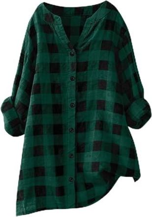 Generic Chemisier long &agrave; carreaux pour femme - Tunique longue - Grandes tailles - Col en V - Boutonn&eacute; - Confortable - D&eacute;contract&eacute; - Manches longues - Chemise 