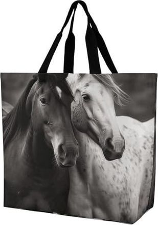 Generic Chevaux Noirs Et Blancs Sac Courses L&eacute;ger Tote Bag Grand Sac Fourre Tout Pour Shopping Gym Universit&eacute;