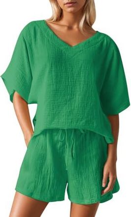 Generic Grenouill&egrave;re en tricot avec col en V, manches courtes, cordon de serrage &agrave; la taille, jambe droite, tenue d&eacute;contract&eacute;e et habill&eacute;e, v&ecirc;tements de plage