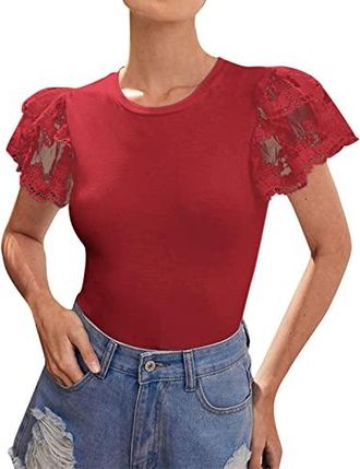 Janly T-shirt noir simple pour femme col rond en dentelle &agrave; manches courtes pour les tenues d&eacute;t&eacute; d&eacute;contract&eacute;es look d&eacute;contract&eacute; femme col en V avec manches 