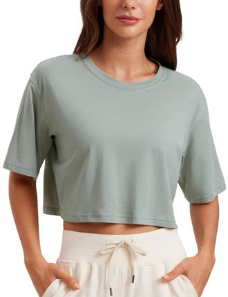 CRZ YOGA Damen Sport T-Shirt Kurzarm Sommer Fitness Crop Oberteile Crew Neck Leichte Yoga Top Atmungsaktiv Laufshirt Jade Gray 44