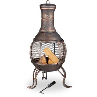 Relaxdays Aztekenofen, Sch&uuml;rhaken, Holzrost, Funkenschutzgitter, Garten, Terrasse, antiker Feuerofen, H&ouml;he 89 cm, bronze - Relaxdays