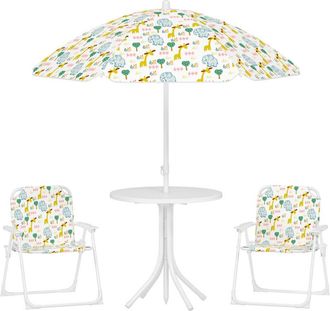 OUTSUNNY Ensemble salon de jardin enfant pliable 2 places 4 pi&egrave;ces motif vie de la savane blanc