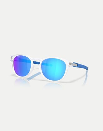 Oakley Latch - Neon Pop Collection - Lunettes de soleil rondes en m&eacute;tal avec verres bleus effet miroir - Transparent mat