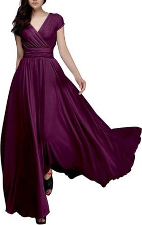 FNKDOR Robes de Soirée Longue Femme Manches Courtes Col V Robe Mariage Invitée Plissé A Line Robe de Demoiselle dhonneur Élégant Taille Empire Robes de Cockt