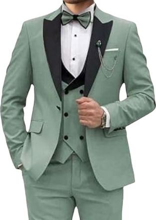 Generic Costume 3 pi&egrave;ces pour homme avec veste de mariage, gilet et pantalon, smoking &agrave; revers &agrave; visi&egrave;re pour mariage, bal, f&ecirc;te, affaires, Th&eacute; vert., 3XL