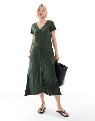 Superdry Robe mi-longue boutonn&eacute;e &agrave; manches courtes en jersey - Vert