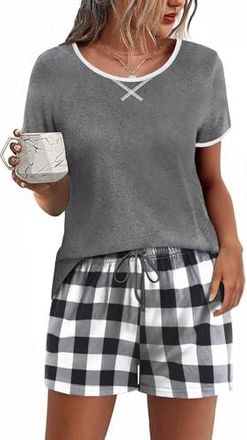 Ekouaer Pyjama Femme Grande Taille Ensembles de Pyjama Soie Deux pièces Femme Manches Courtes Vêtements de Nuit, Gris, XXL