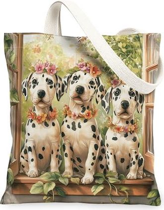 Generic Sac fourre-tout en toile motif chien dalmatien printanier, 33 x 38,1 cm, avec fen&ecirc;tre en pot, sac d&eacute;picerie r&eacute;utilisable pour femme, peinture esth&eacute;tiq