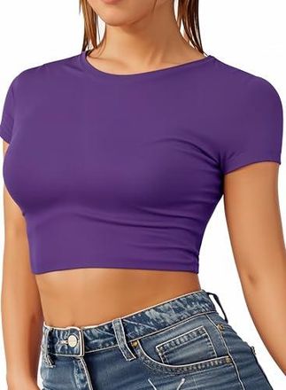 Re Tech UK T-Shirt Court &agrave; Manches Courtes - pour Femme - col Rond - Tendance/&eacute;t&eacute; - Taille 36-42 - Violet - M/L EU 40-42