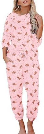 Ekouaer Ensembles de Pyjamas pour Femmes &agrave; Manches Longues Hiver Col Rond V&ecirc;tements de Nuit avec Poches Rose-Bonhomme de Pain d&eacute;pice XL