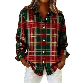 Generic Chemise d&eacute;contract&eacute;e pour femme - Couleur contrast&eacute;e - Automne et hiver - Imprim&eacute; &agrave; carreaux - Chemisier &agrave; carreaux pour femme, Vert noir, 3XL