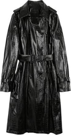 Generic Trench-Coat Femme Printemps Automne Rouge Pu Cuir - Veste Longue Ceinture Revers Mode Double Boutonnage, Noir, XL