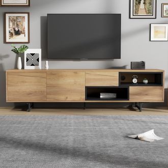 Generic TV Schrank Holz Mit 2 T&uuml;ren 2 Schubladen Und Offenen F&auml;chern Mit Kabeldurchf&uuml;hrung, Lowboard Stehend 173 cm Breit Mit Metallf&uuml;&szlig;en Fernsehtisch F&uuml;r Woh