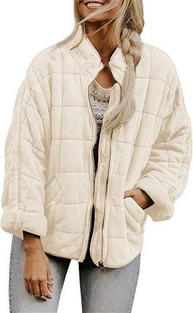 Generic Veste thermique matelassée à manches longues avec fermeture éclair et col montant pour femme - Veste dhiver thermique avec poches, abricot, XL