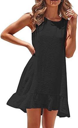 Generic Robe amincissante sans manches &agrave; col rond pour femme - Couleur unie - Coupe ajust&eacute;e, Noir, L