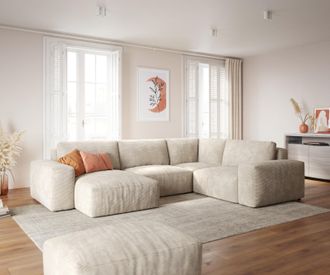 DELIFE Wohnlandschaft Lanzo 300x210 cm Cord Beige Recamiere variabel mit Hocker, Wohnlandschaften