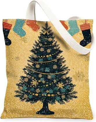 Generic Sacs fourre-tout en toile motif sapin de No&euml;l, sacs d&eacute;picerie r&eacute;utilisables, vintage, l&eacute;gers, lavables en toile pour les voyages, jaune, 13x15 Inch