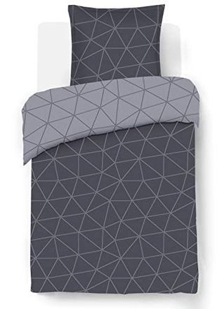 Vision Streetwear Parure de lit R&eacute;versible 100% Coton - Hugo Anthracite/Gris - Set de Housse de Couette 140x200 cm avec 1 taie doreiller pour lit 1 Personne - Fibres Na
