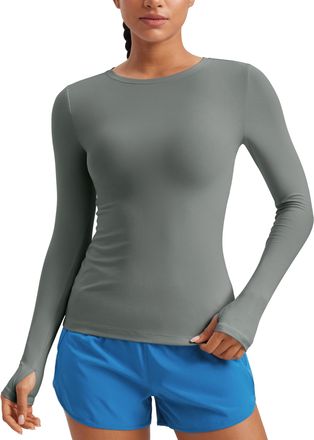 CRZ YOGA Damen Cloudweight Langarm Workout Tops Leicht Athletic Basic Shirts Weich Lässig Tee Shirt mit Daumenlöcher Grauer Salbei 40
