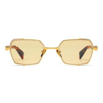 Balmain 18K Goldene Rechteckige Sonnenbrille mit gespottetem Havanna - - Accessories - Damen - Gelb - ONE SIZE
